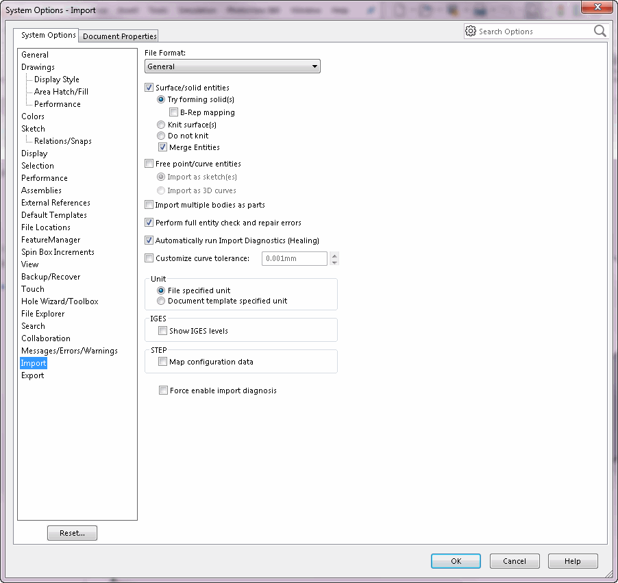 System Options Import General 2017 SOLIDWORKS API Help